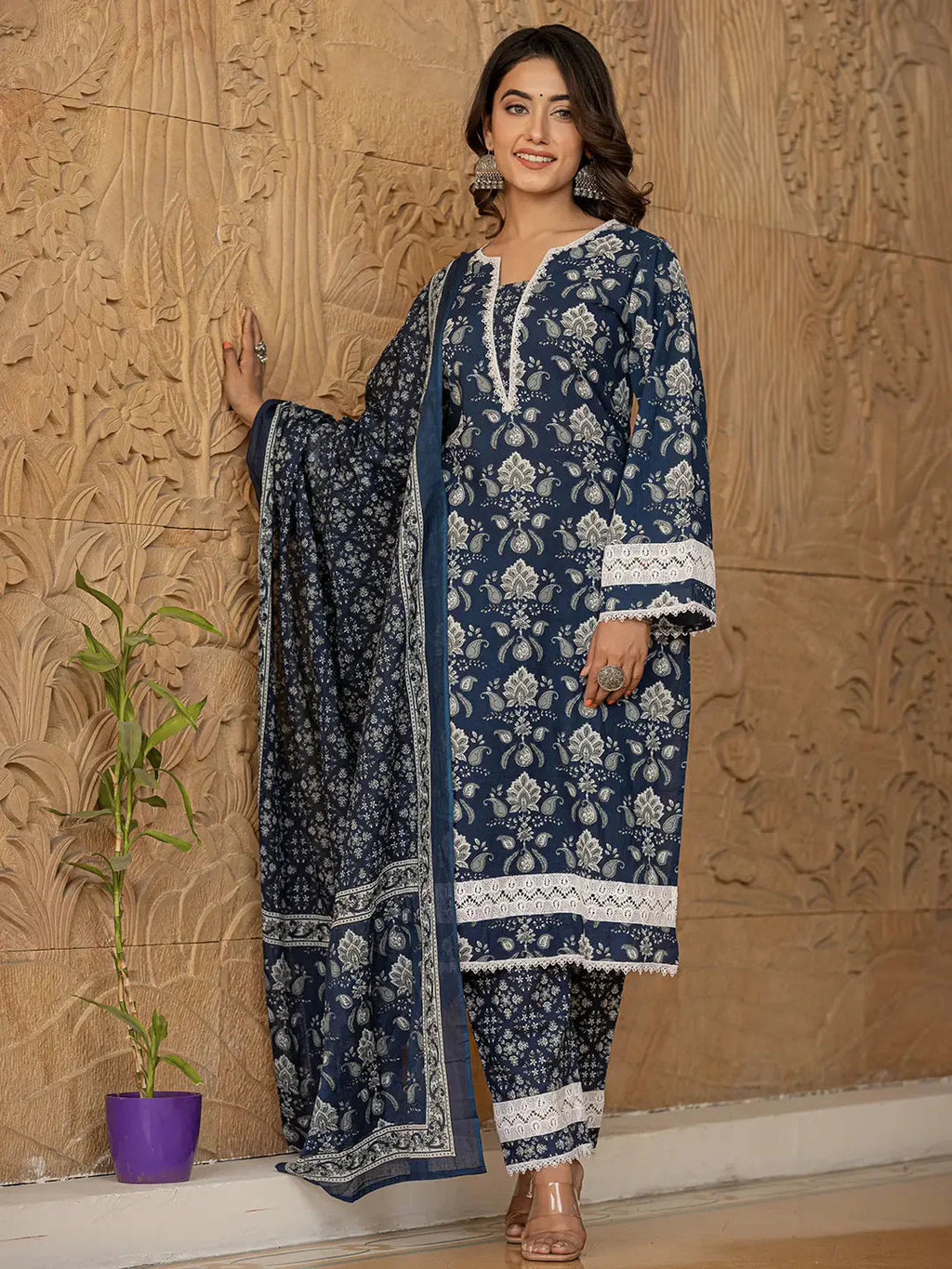 Suit Set Online USA | Blue Cotton Floral Yoke Print Pakistani Style ...