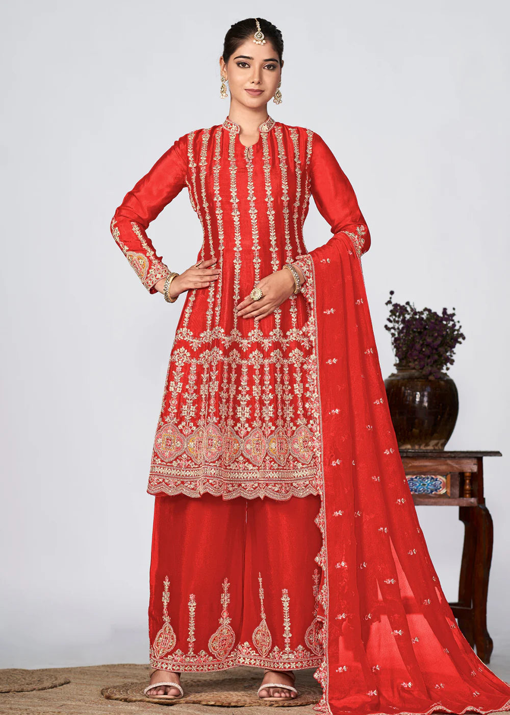 Suit Set Online USA | Red Chinon Heavy Embroidered Suit Set with ...