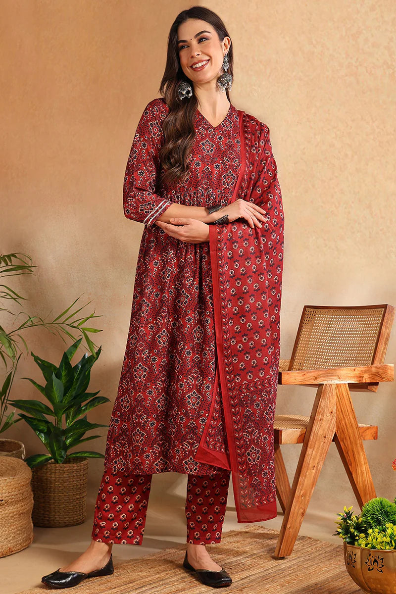 Indian Suit Set Online USA | Red Rayon Blend Floral Print A Line Suit ...
