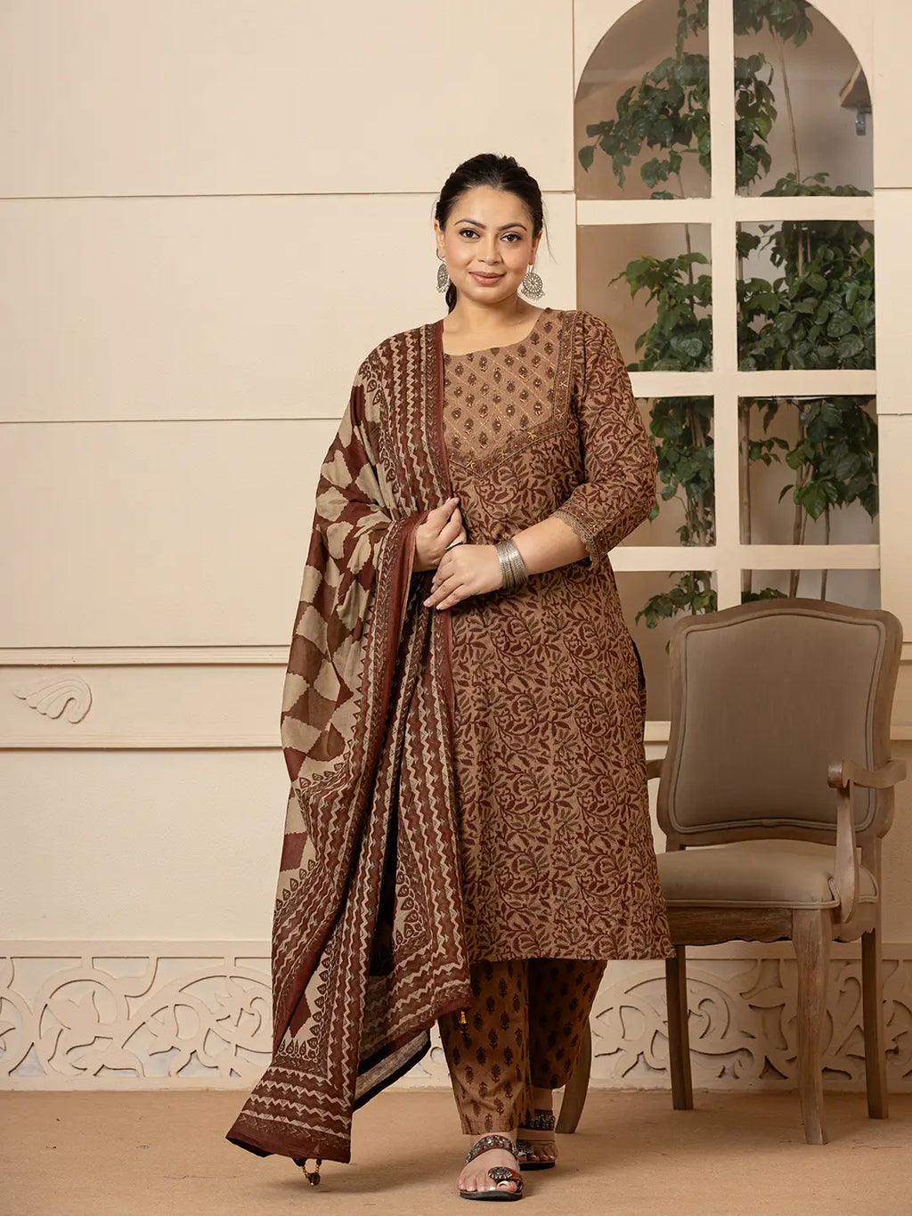 Indian Suit Set Online USA | Brown Cotton Kantha Work Suit Set with ...