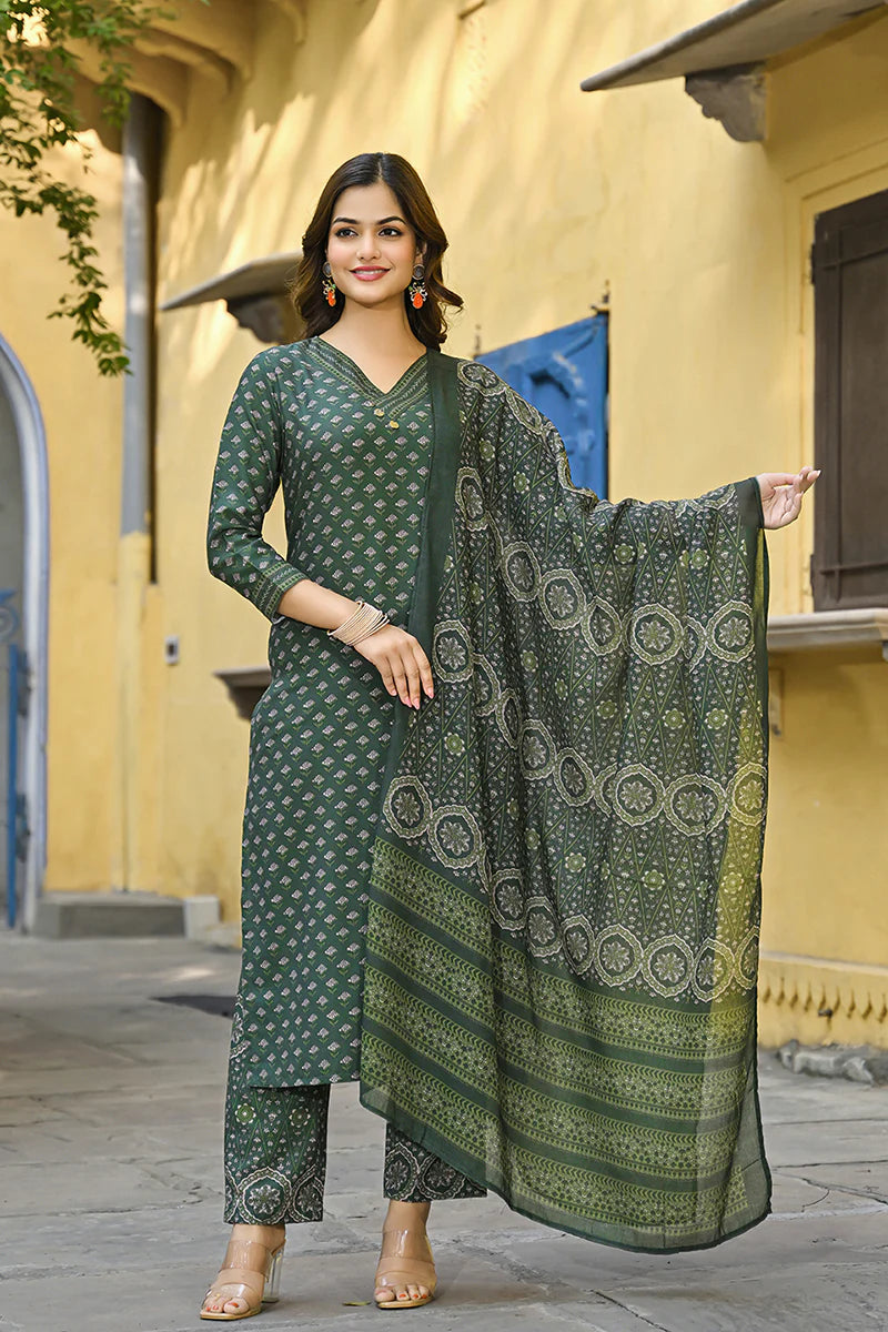Indian Suit Set Online USA | Green Cotton Blend Floral Print Straight ...