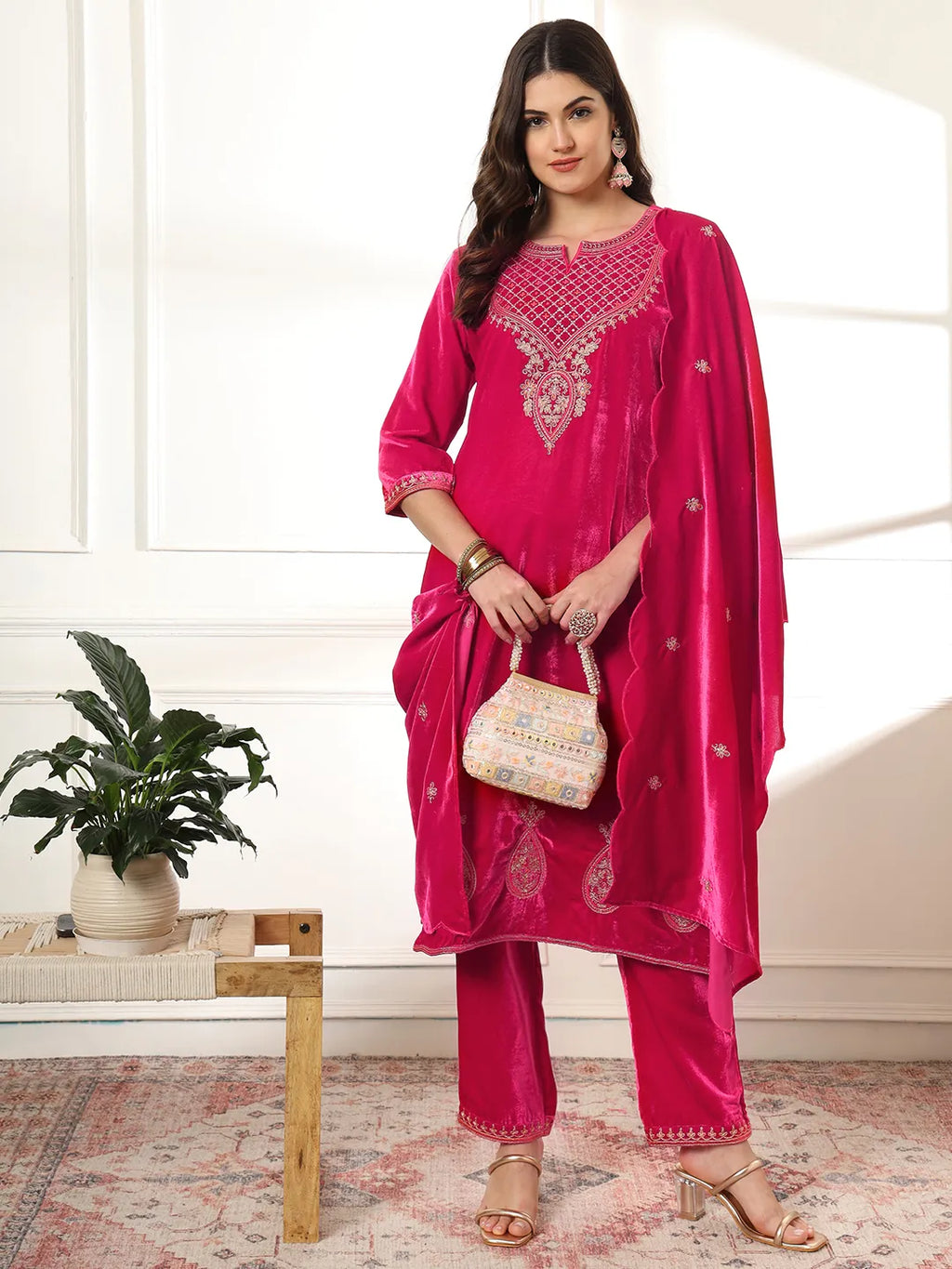Indian Suit Set Online USA | Pink Velvet Embroidered Straight Shape ...