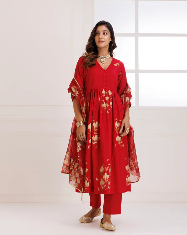 Suit Set Online USA | Red Organza Hand Painted Suit Set with Dupatta ...