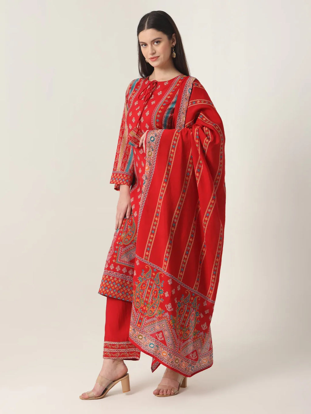 Indian Suit Set Online USA | Red Silk Blend Ethnic Motif Printed Suit ...