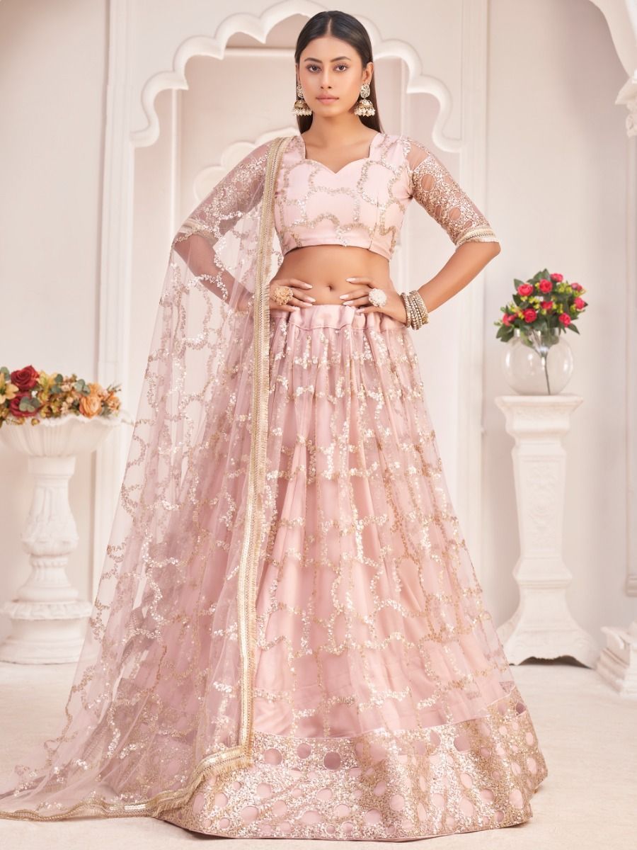 Light Pink Net Embroidered & Lace Detailing Lehenga Choli Set with ...